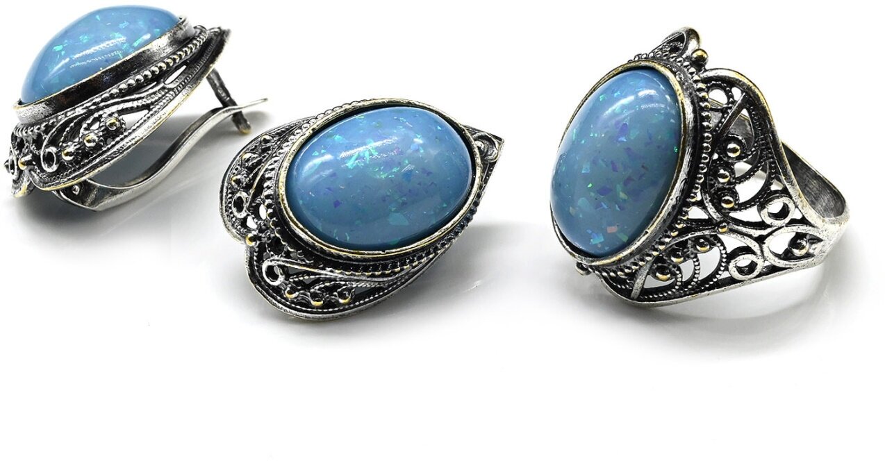 Комплект бижутерии: серьги, кольцо, опал