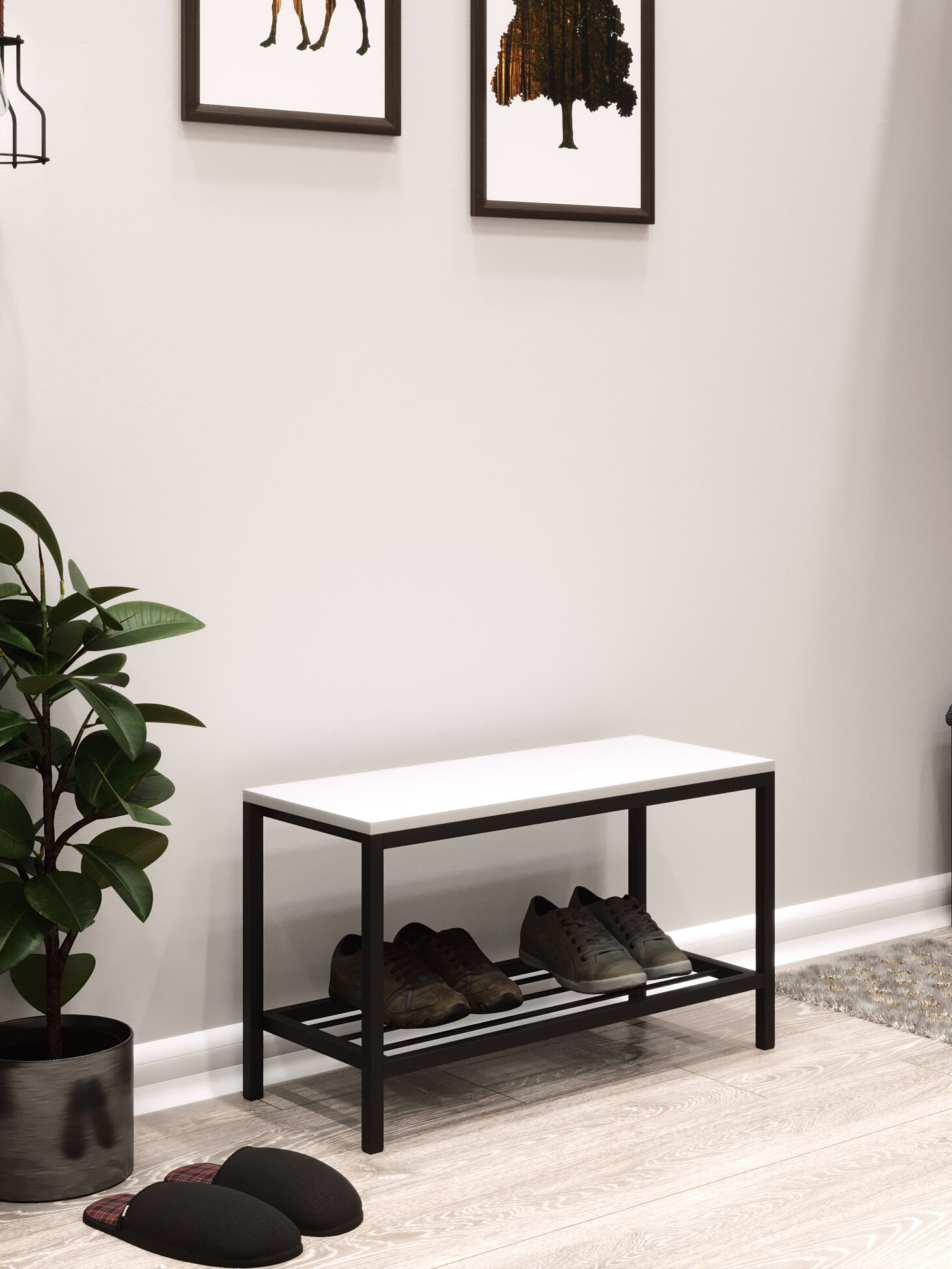 Банкетка Elementto CORRIDO-410NB, для обуви, с отделением, черная/белая, металл