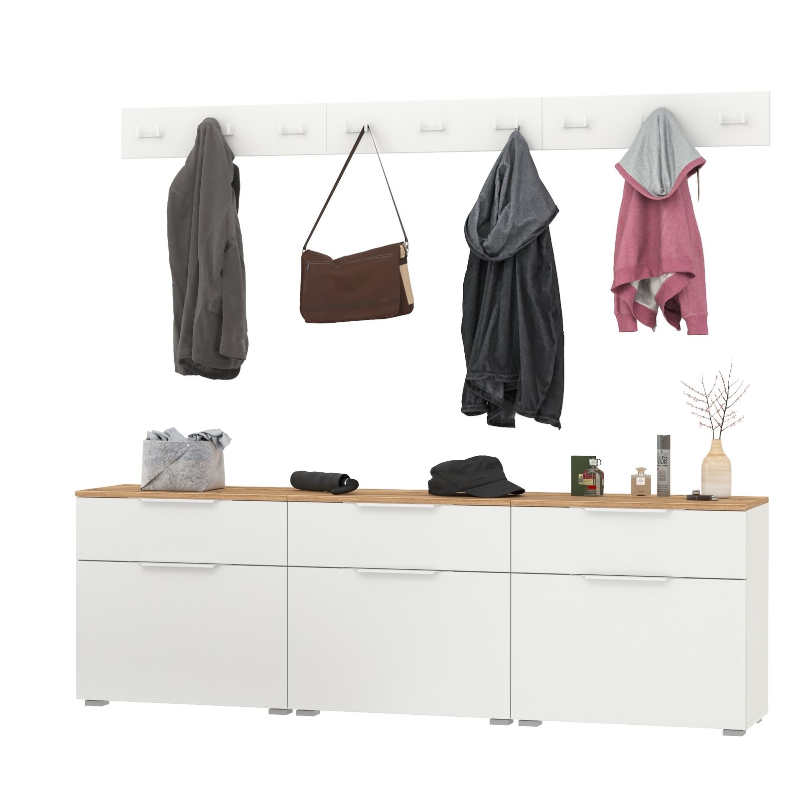 Прихожая комплект мебели для гардеробной, напольная 195см белый шагрень/дуб крафт золотой/фасады МДФ белый шагрень