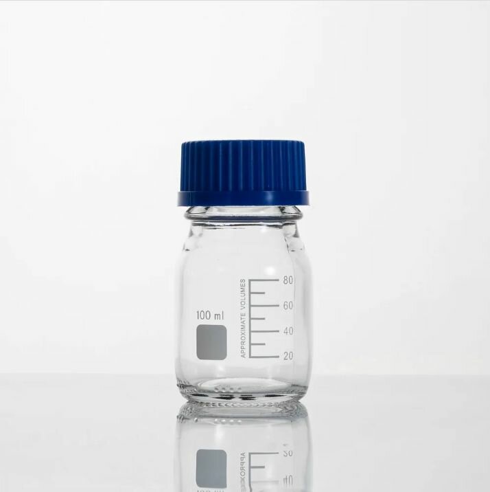 Банка лабораторная 100 мл (3 шт) (из светлого стекла, с делениями и навинчивающейся полипропиленовой крышкой) БС-100