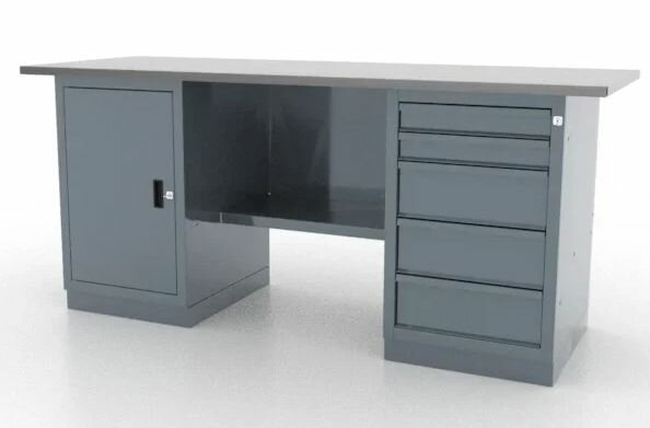Верстак металлический, тумба с дверцей, тумба с 5 ящиками, оцинкованный стол, серый, 01.205L-9007