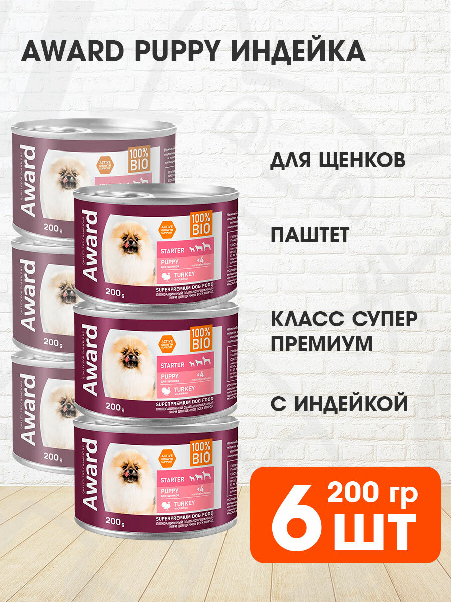 AWARD PUPPY STARTER TURKEY для щенков, беременных и кормящих сук паштет с индейкой банка 200 гр 200 гр х 6 шт
