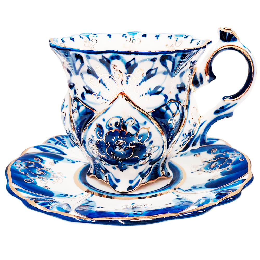 Фарфоровая чайная пара ручной работы "Сольвейг", гжель с золотом