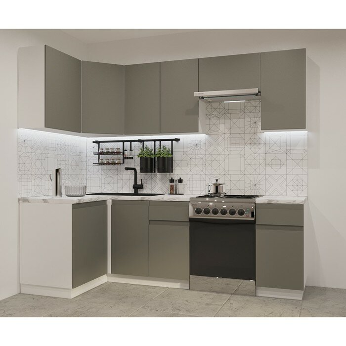 Кухонный гарнитур угловой «Лайн - 30», 1200×2400 мм, цвет белый/обсидиан/мрамор белый