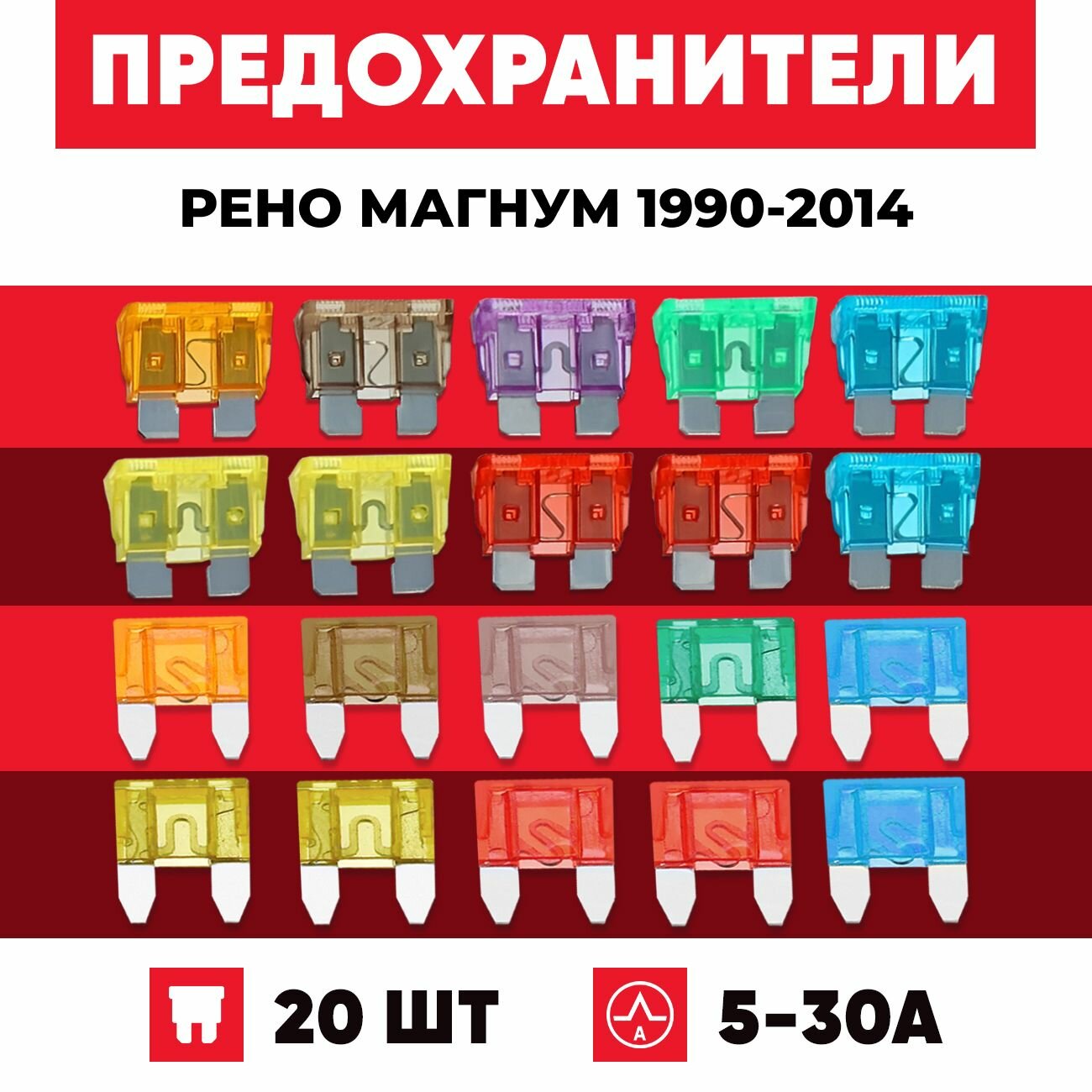 Предохранители Рено Магнум 1990-2014 года набор Стандарт+Мини 20 шт