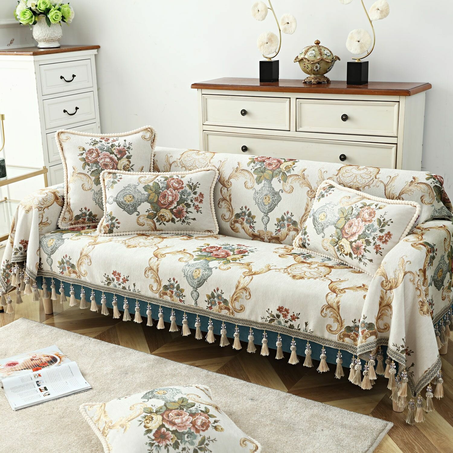 Чехол для мебели AiWinsure, Чехол для дивана из синельного жаккарда в цветочек с кисточками для подлокотника кресла углового дивана Один кусок