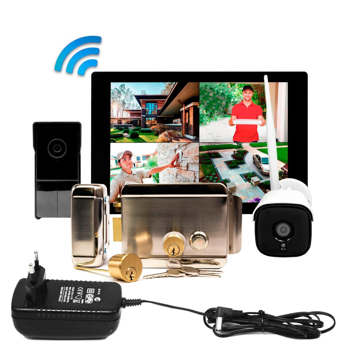 Беспроводной видеодомофон с видеокамерой и - Sky-Net 1000 (1+1+AX042) (C73061VC): Wi-Fi HD монитор 10 дюймов, 3mp вызывная панель, электромеханическ