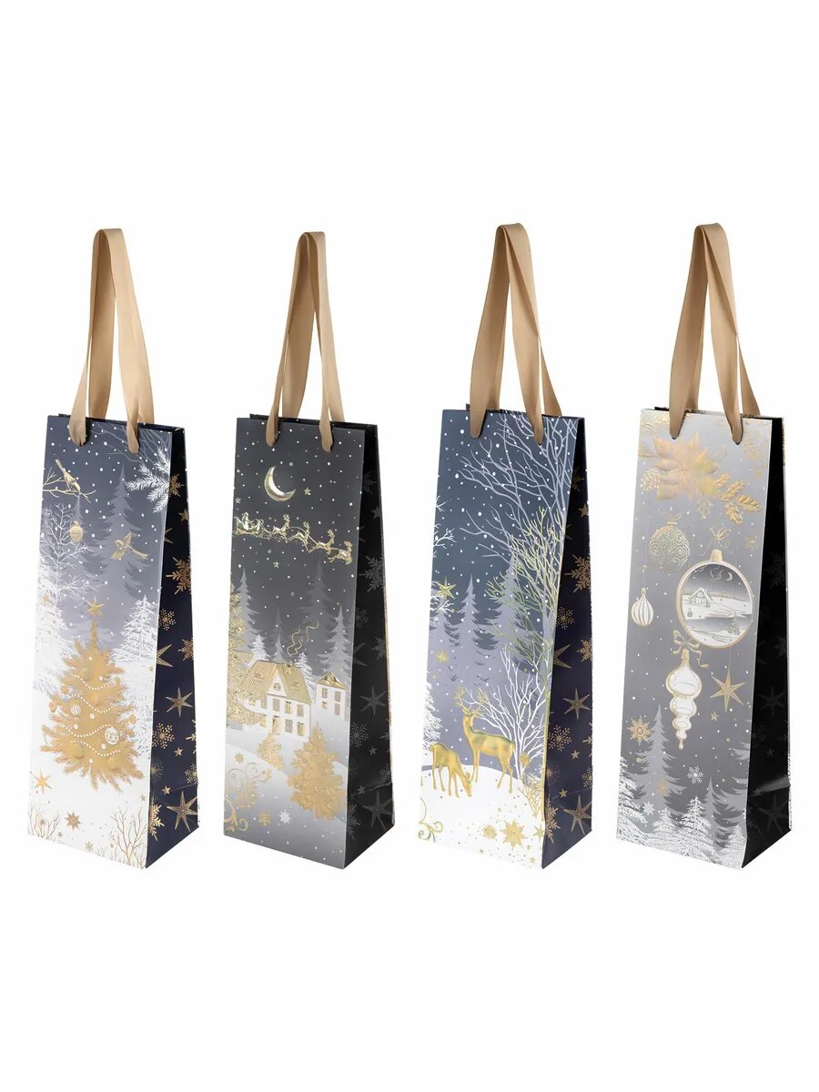 Пакет "Bottle" под бутылку, новогодний 12 шт, ассорти