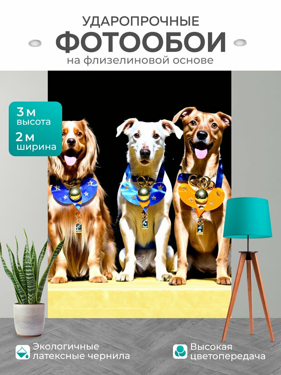 Фотообои моющиеся ударопрочные "Собаки, довольные, позирующие с наградами после соревнований" 200x300 см. флизелиновые на стену