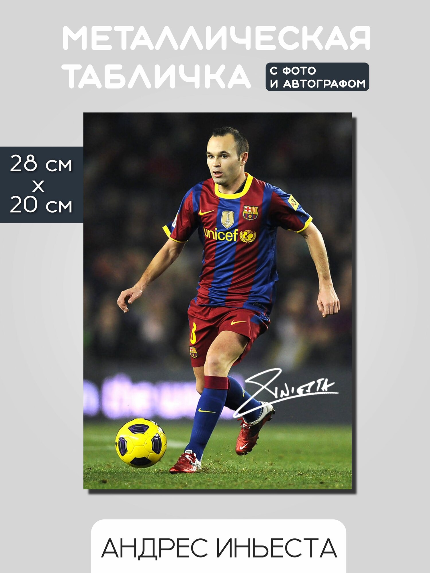 Андрес Иньеста автограф на металлической фотографии 280х200мм