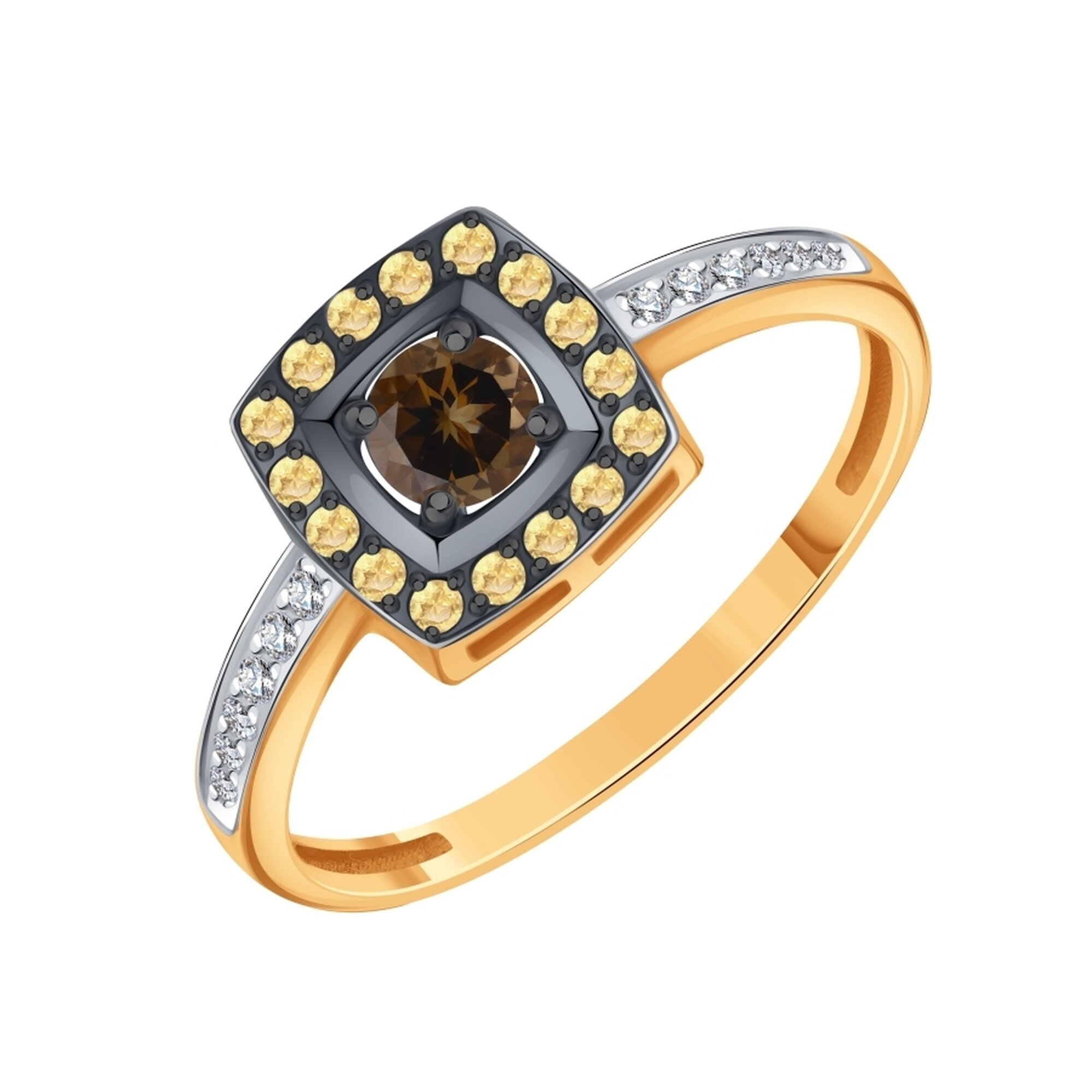 Кольцо, красное золото, 585 проба, раухтопаз, фианит