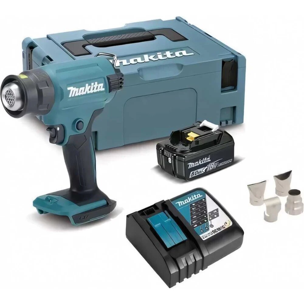 Аккумуляторный тепловой пистолет (фен) Makita LXT 18В, 550 град, кейс MakPac, насадки, 5.0 Ач х 1, з/у DHG180RT1J