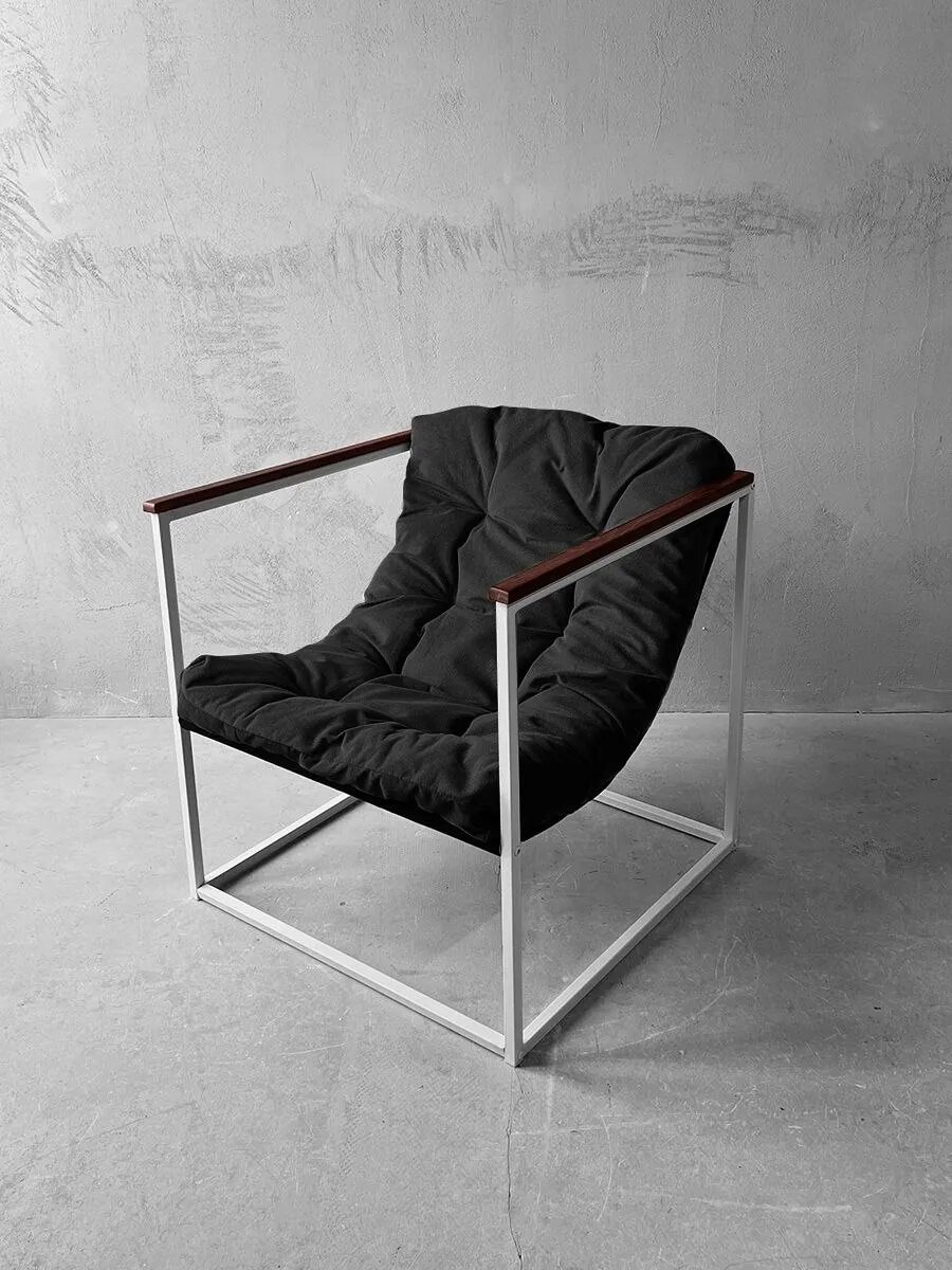 Кресло мягкое удобное для отдыха, уличное, на балкон, веранду, в стиле лофт, минимализм, Лофтовик ++ черный велюр