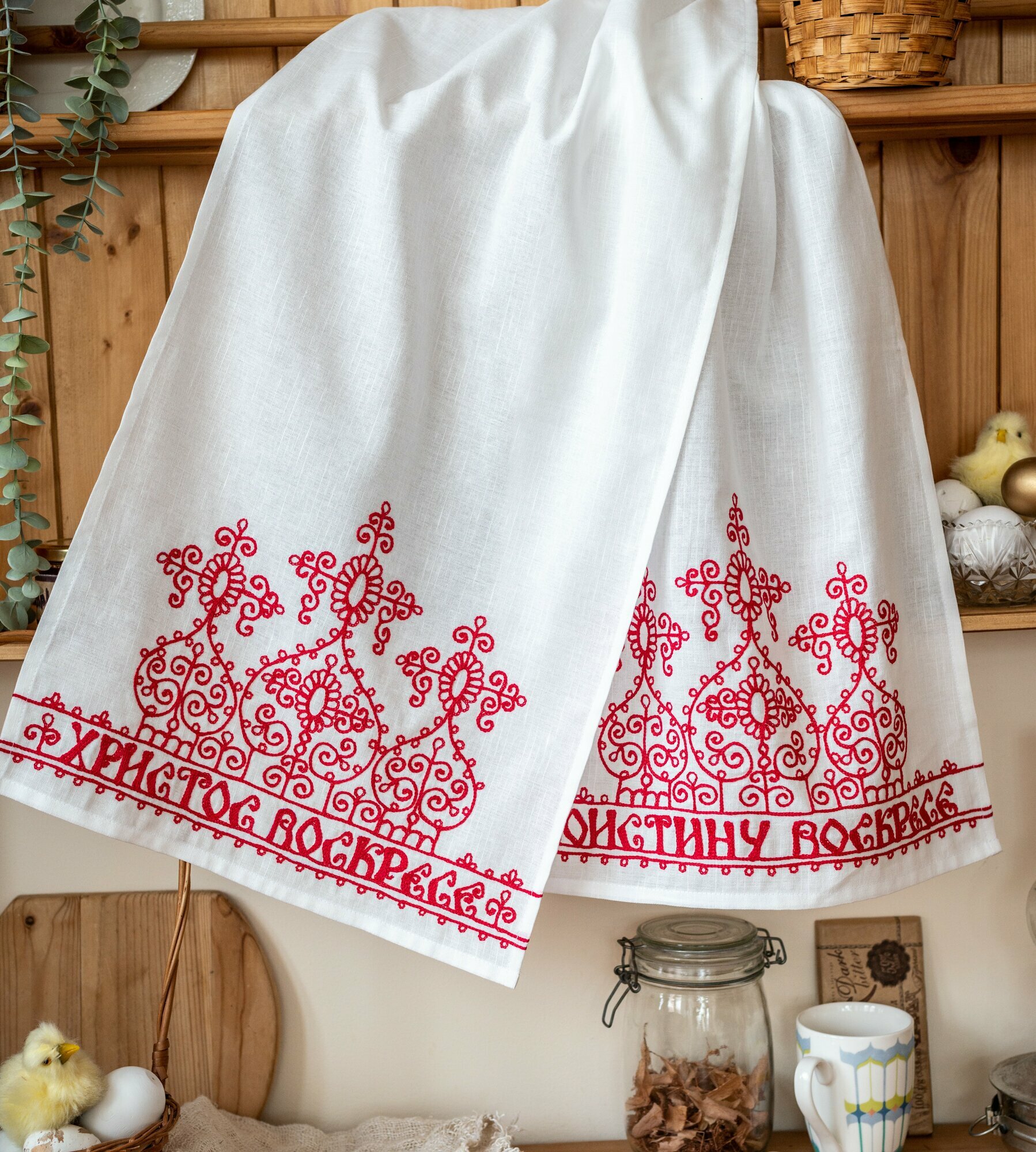 Рушник льняной пасхальный, русская тамбурная вышивка 145/37 см.