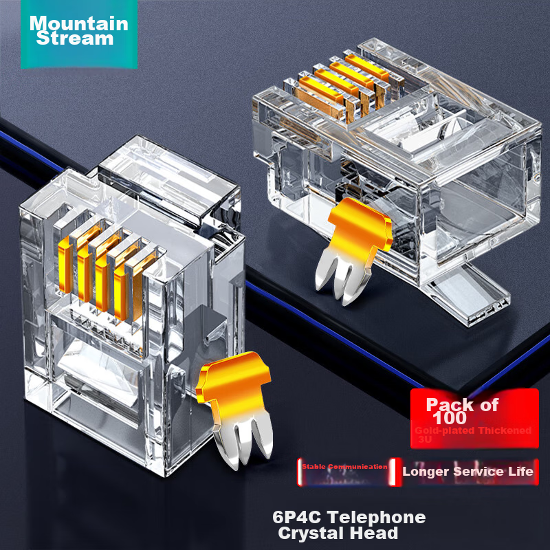 SAMZHE 6P4C Telephone Crystal Head, 4-Core Engineering-Grade Gold-Plated Voice Telephone Line Connector, RJ11 Voice Telephone Line Crystal Head, 100 Pieces, SJT-36100
