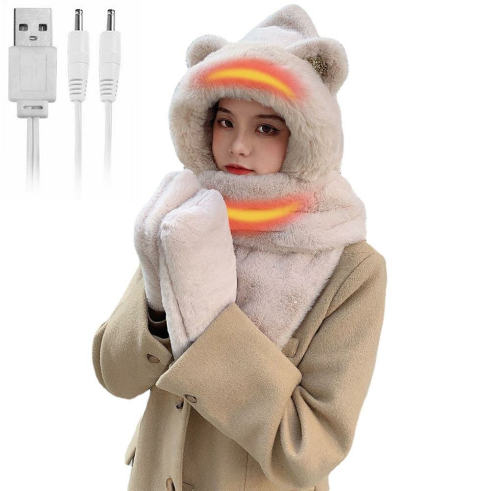 3 в 1 пушистая толстовка с капюшоном, шарф и перчатки с USB-подогревом. Милые плюшевые перчатки с ушками, шарф. Зимняя теплая плюшевая шапка с рисунком для женщин и девочек.