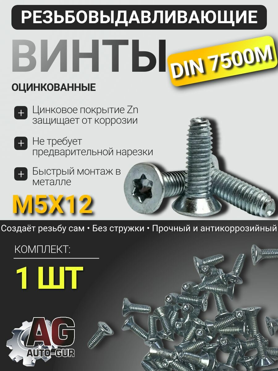 Винт резьбовыдавливающий DIN 7500M M5Х12 ZNT с головкой Torx, оцинкованный, комплект 1 шт