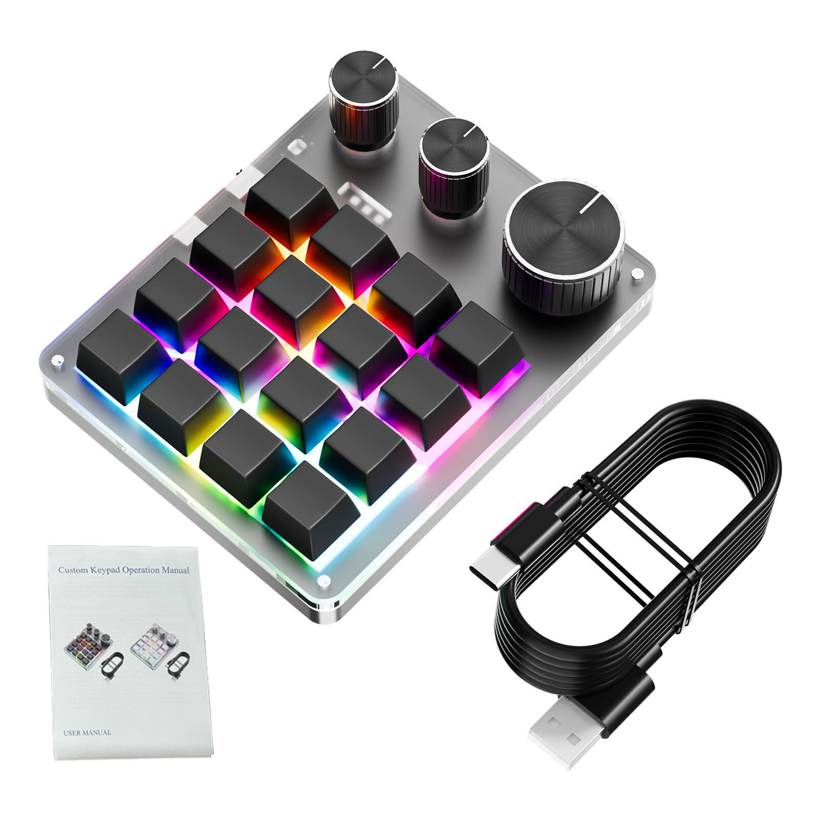 Настраиваемая клавиатура для программирования, 16 клавиш, 3 ручки, проводная USB-регуляция громкости, игровая клавиатура, черная