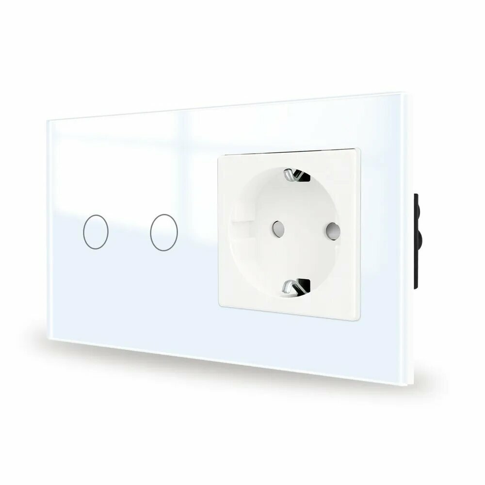 Сенсорный выключатель с розеткой 2 клавиша 1 розетка, 2 поста (2+1) панель стекло белый