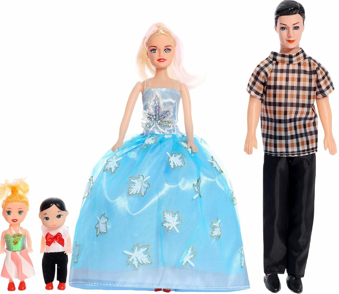 Детские куклы-модели "Семья" c детишками, набор 4 штуки: модельная пластиковая куколка принцесса, кукла-мальчик и две куклы-малышки, микс