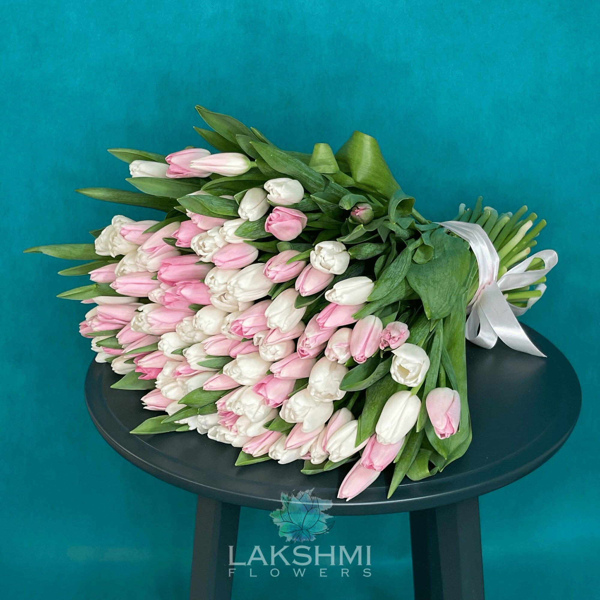 101 тюльпан микс / Букет из 101 белого и розового тюльпана под ленту