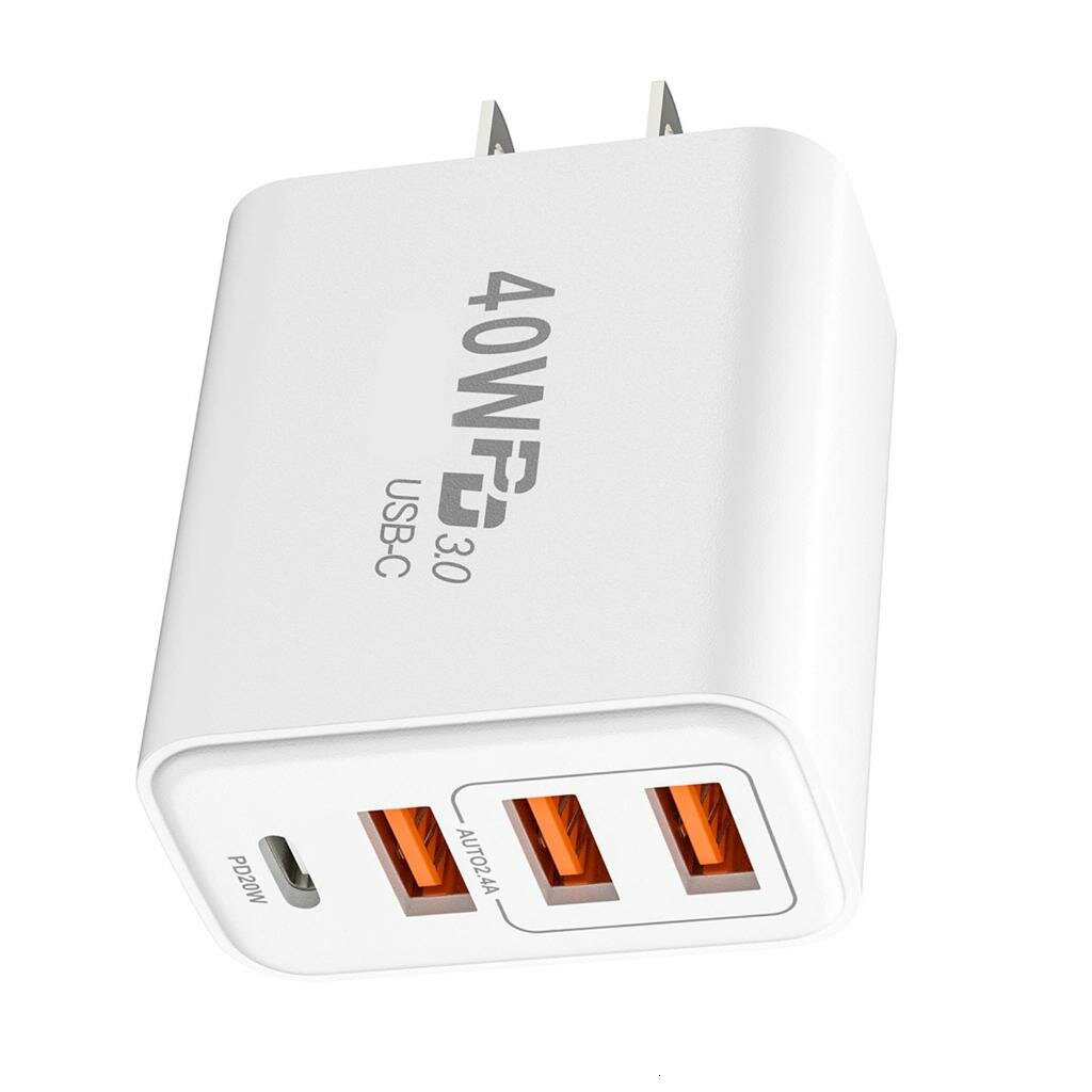 Портативное зарядное устройство 40 Вт, 3 USB A, 1 порт, быстрая зарядка, Белый - Штепсельная Вилка США