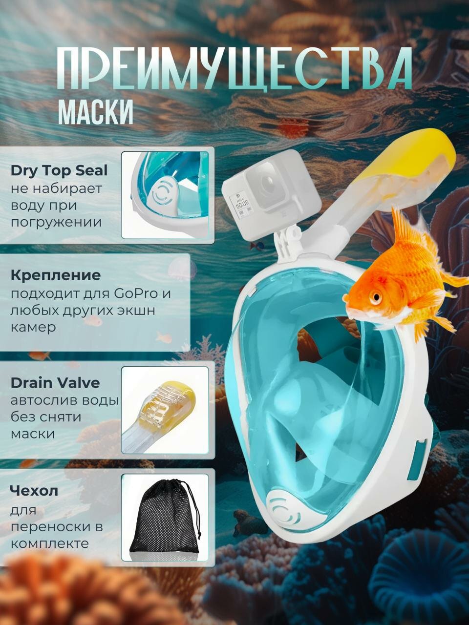Полнолицевая подводная маска для плавания (снорклинга) s/m зеленая