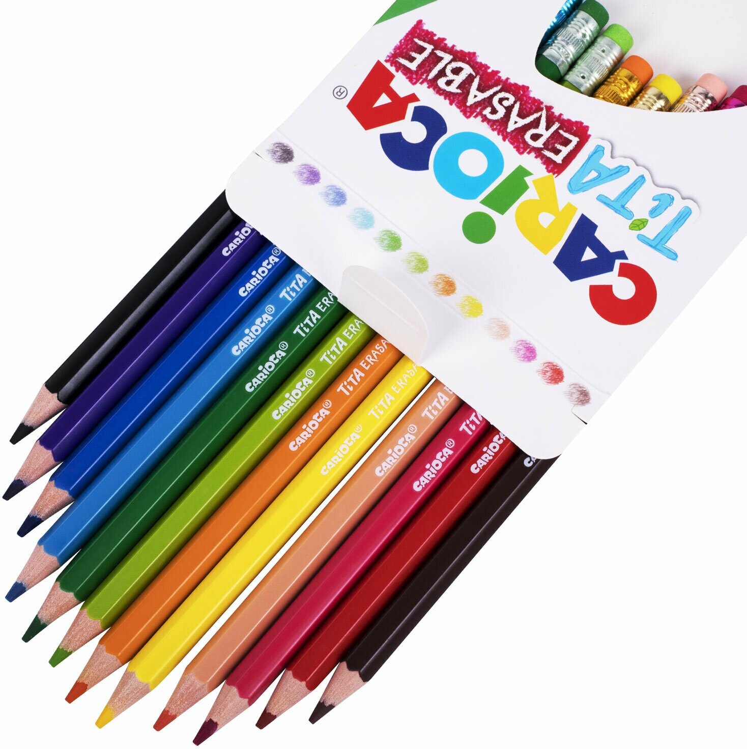 Упаковка 6 шт. Карандаши цветные стираемые с резинкой CARIOCA "Erasable", 12 цветов, шестигранные, грифель 3 мм, 42897