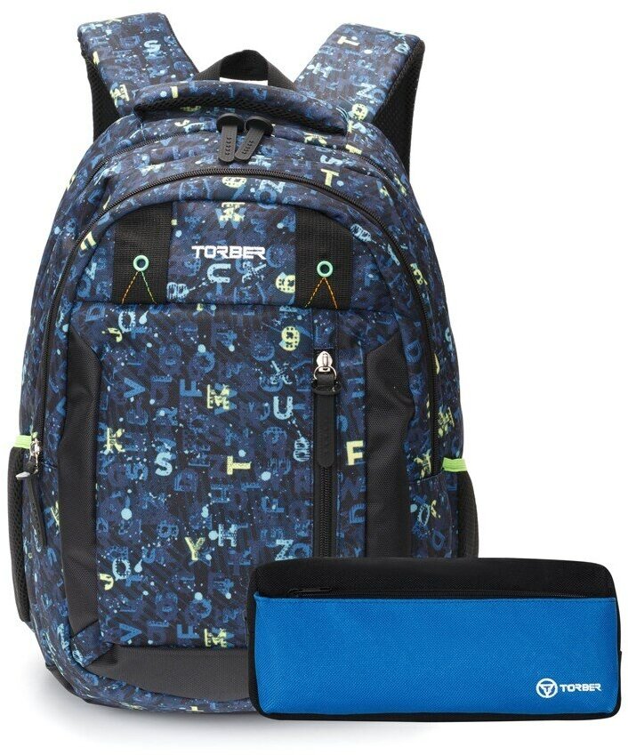 Рюкзак TORBER CLASS X, темно-синий с рисунком "Буквы", полиэстер, 45 x 32 x 16 см + Пенал в подарок!