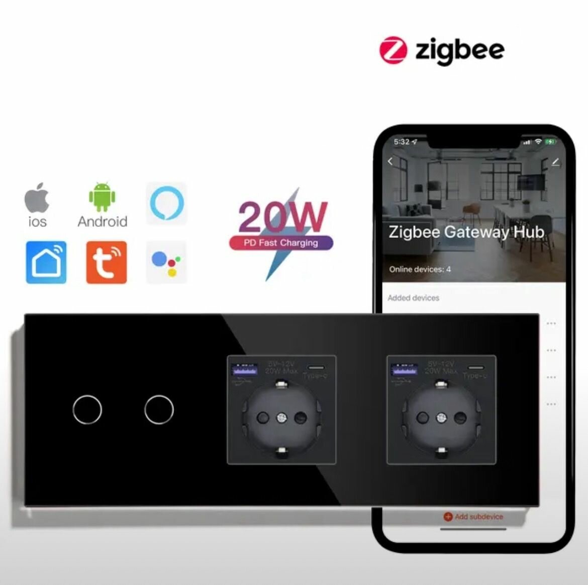 Умный сенсорный выключатель wi-fi Zigbee с голосовым управлением с 2 розетками с быстрой зарядкой USB Tape-C