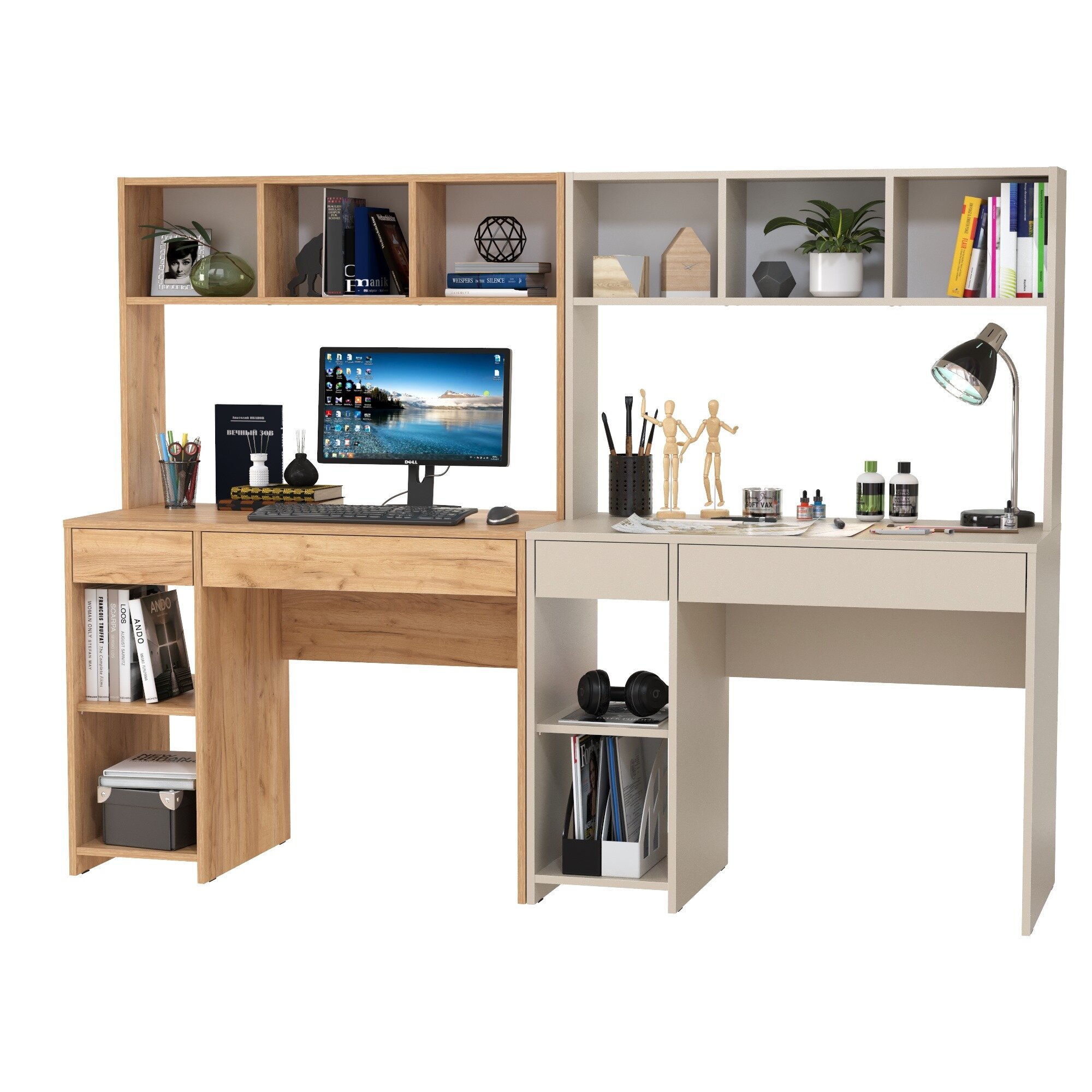 Два рабочих компьютерных стола Моби Комфорт 12.77F цвет дуб крафт золотой/сатин