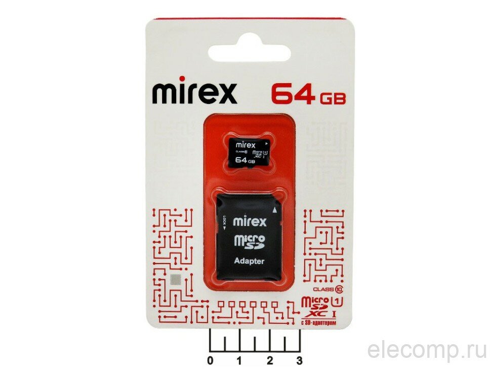 Карта памяти micro SD 64Gb + адаптер SD Mirex class10 UHS-1
