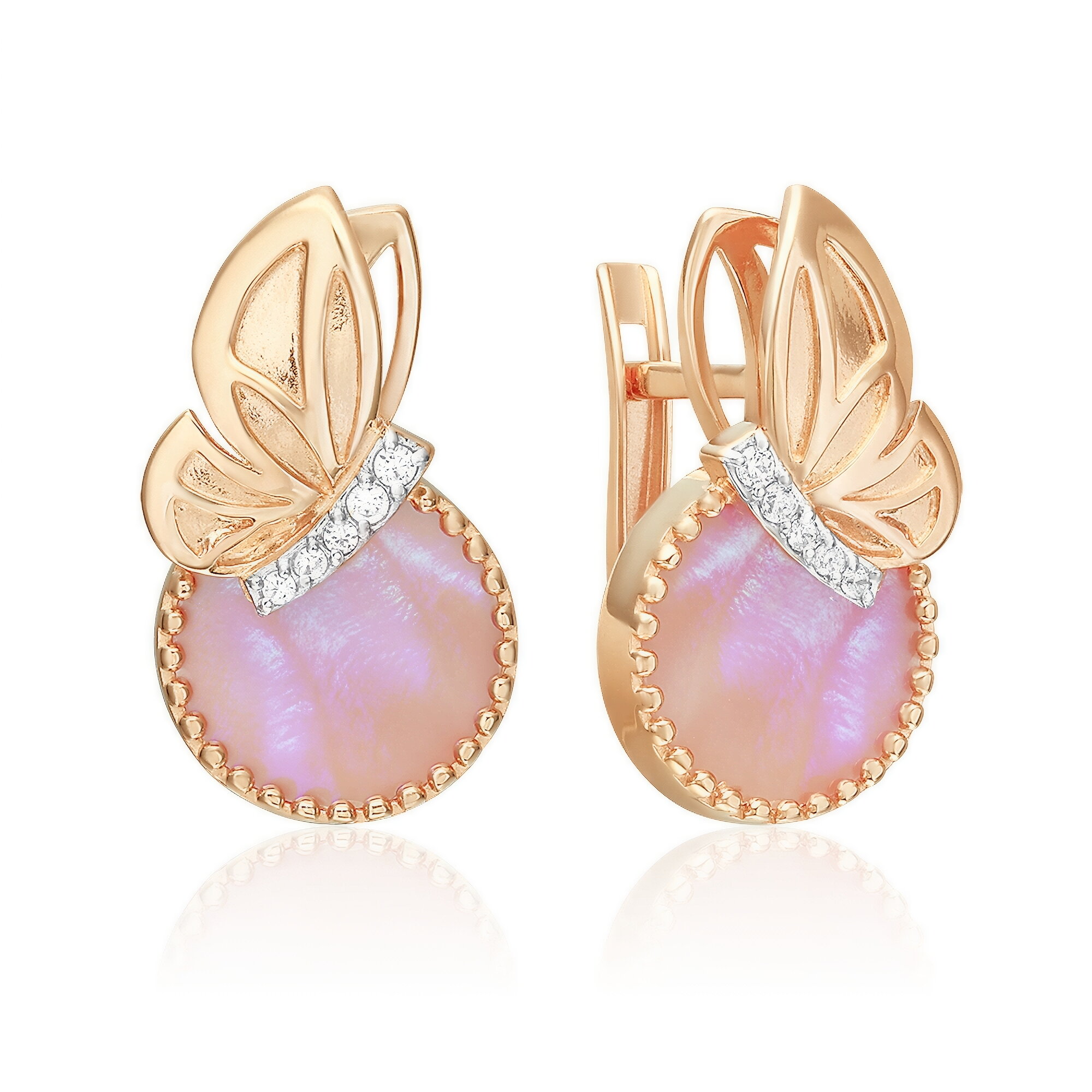 Серьги, красное золото, 585 проба, фианит, перламутр