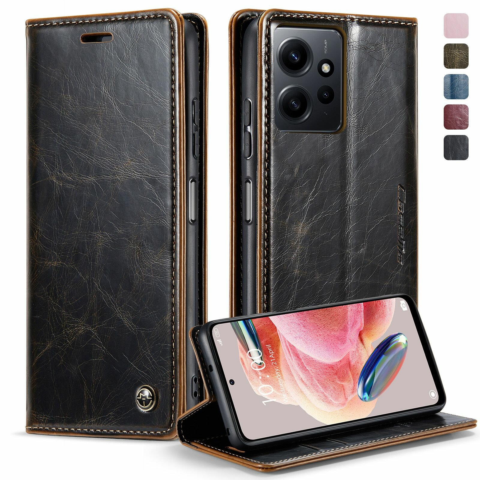 CaseMe Кожаный книжка чехол для Xiaomi Redmi Note 12 4G / Note12 /Сяоми Редми Нот 12 4G с визитницей из экокожи