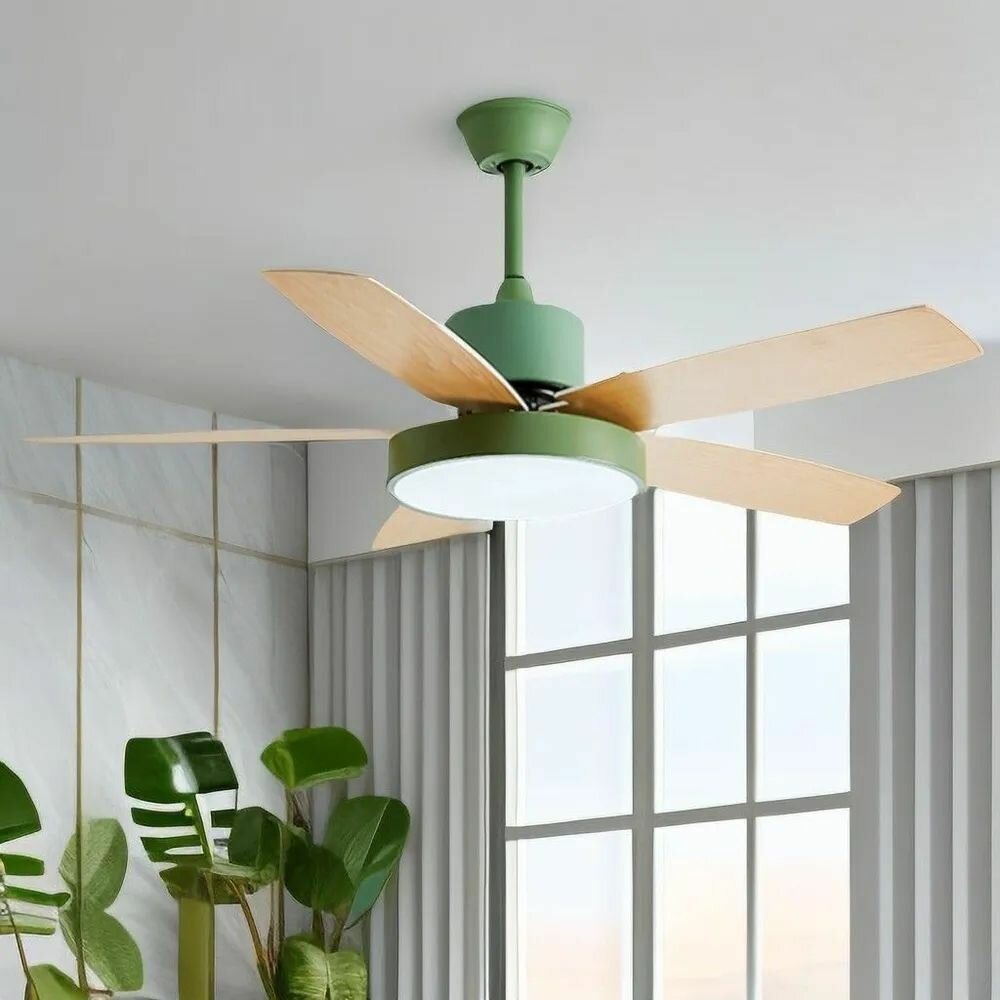 Простой и стильный пятилопастной подвесной потолочный вентилятор зеленый + дерево 105 см трехцветный свет
