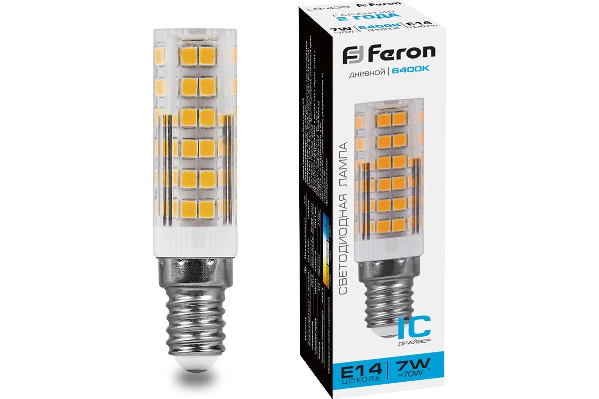 FERON Светодиодная лампа 7W 230V E14 6400K LB-433 25986 для бытового освещения, замена 40W
