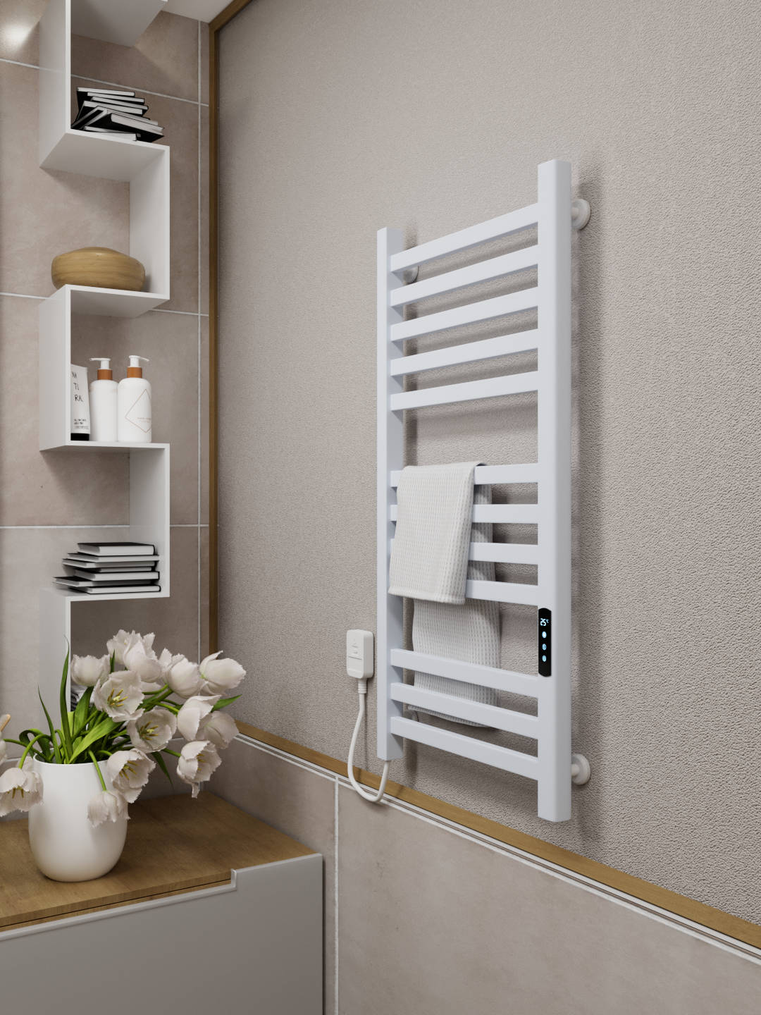 Полотенцесушитель электрический EZZO ETAB 606L WH Timer с терморегулятором и таймером, белый