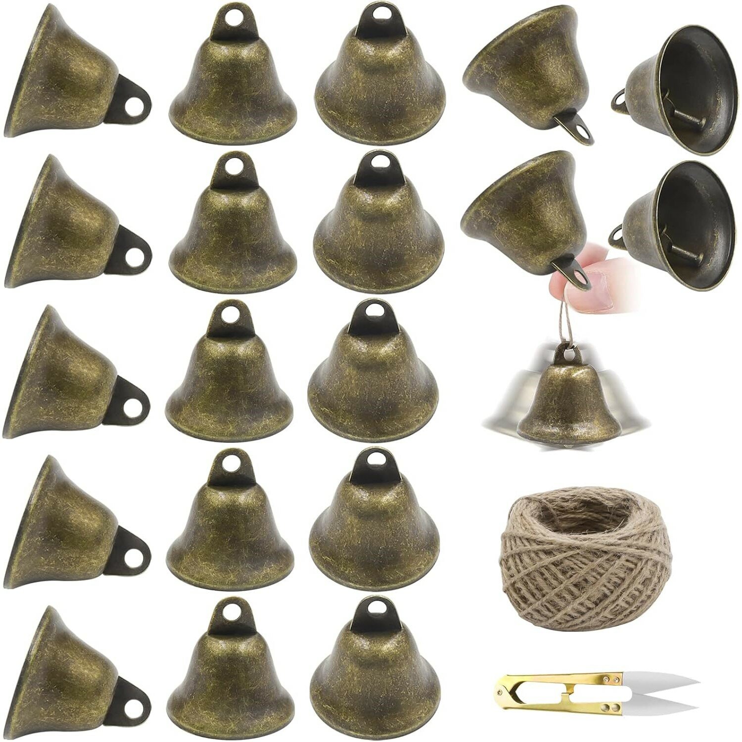 20шт винтажных колокольчиков для домашнего декора, колокольчиков ветра, свадеб, рождественских колокольчиков, дрессировки собак, с 1 х пеньковой веревкой и 1 х маленькими ножницами