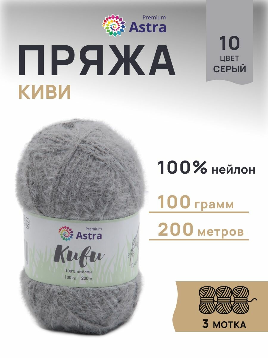 Пряжа для вязания Astra Premium 'Киви' (Kiwi) 100г, 200м (100% нейлон) (10 серый), 3 мотка