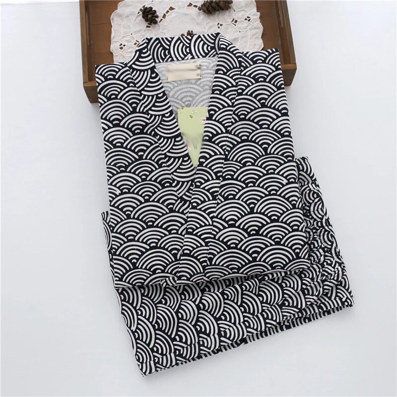 Кимоно в японском стиле для пар, юката, одежда для сна, топы, брюки, комплект для Серый, L, Men 5