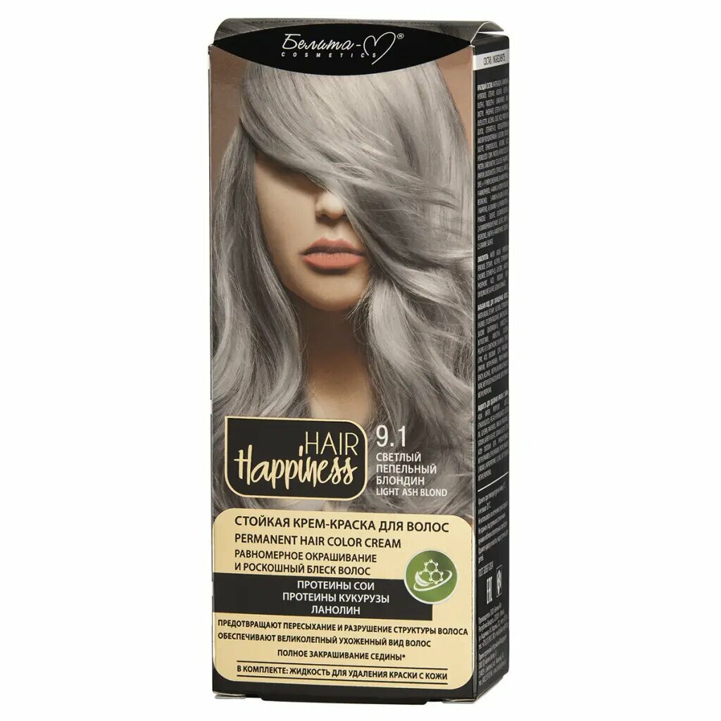Крем-краска Белита-М Hair Happiness стойкая для волос аммиачная, тон 9.1 Светлый Пепельный блондин