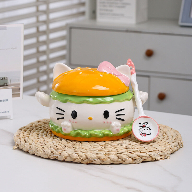 Тарелка глубокая керамическая с крышкой HelloKitty d 12.5 см 800 мл，С ложкой