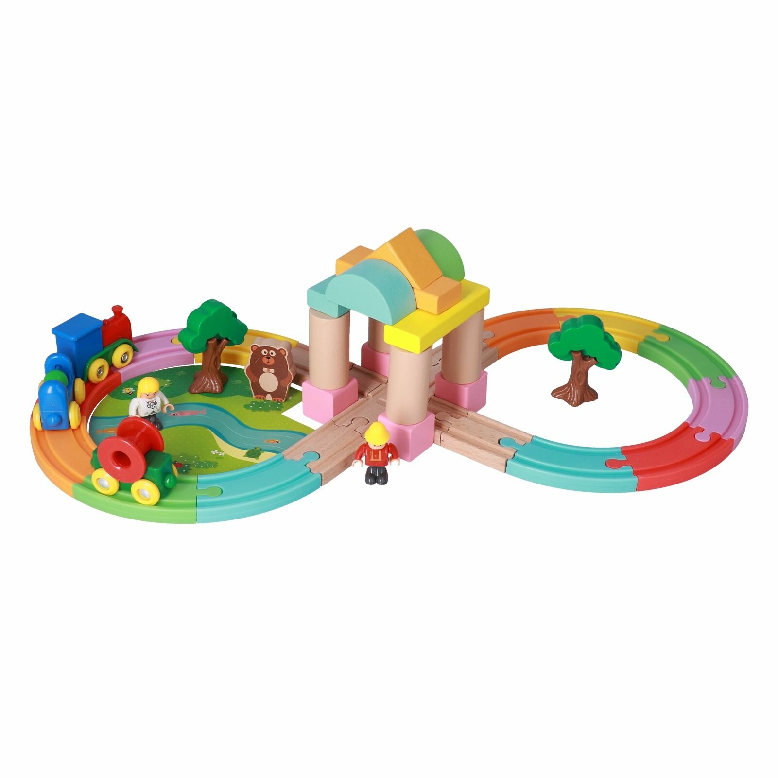 Детский деревянный набор поезда с цветными блоками, развивающая игрушка для детей от 3 лет с двойными рельсами и аксессуарами