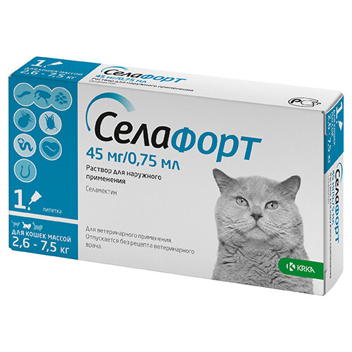 Для кошек весом krka селафорт капли на холку от Внешних и внутренних паразитов 45мг 1 пипетка от 2,6 до 7,5 кг