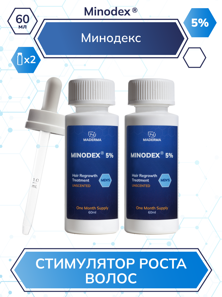 Minodex 5%, сыворотка для роста волос и бороды, лосьон активатор волосяных фолликулов, бустер кровотока, 2х60 мл