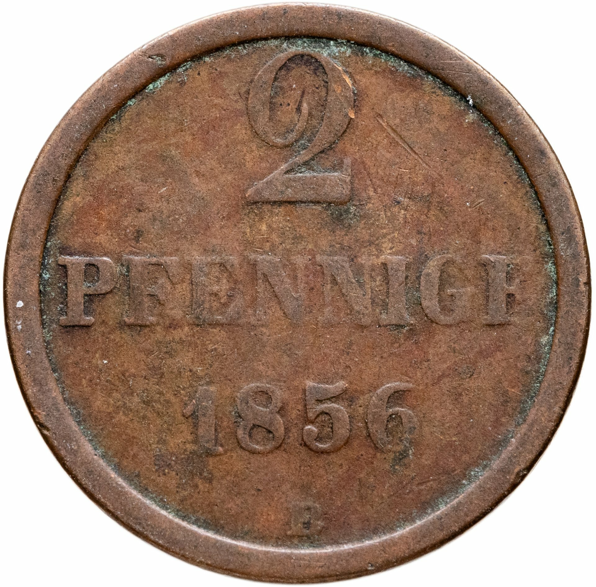 Ганновер 2 пфеннига 1856, Медь, в сохранности F-VF