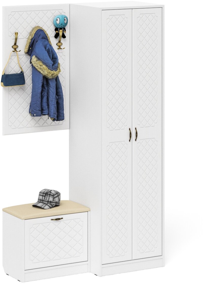 Шкаф в прихожую с обувницей с сиденьем и вешалкой П-6, белая шагр/фасады МДФ белое дерево фрезеровка ромб 120х50х210