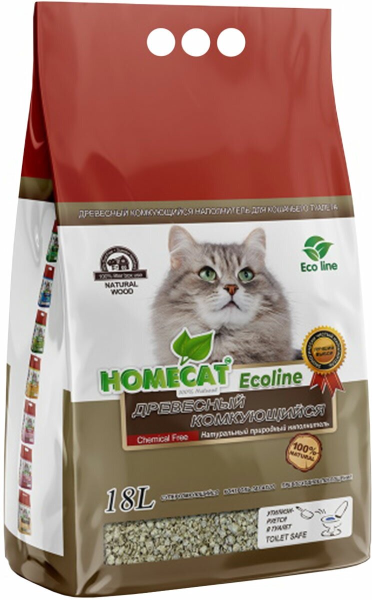 HOMECAT эколайн наполнитель древесный комкующийся для туалета кошек (18 л)