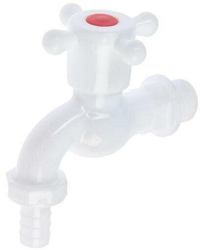 Кран водоразборный ZEIN со штуцером Z2190, с крестовой ручкой, PP, с шаровым механизмом, белый