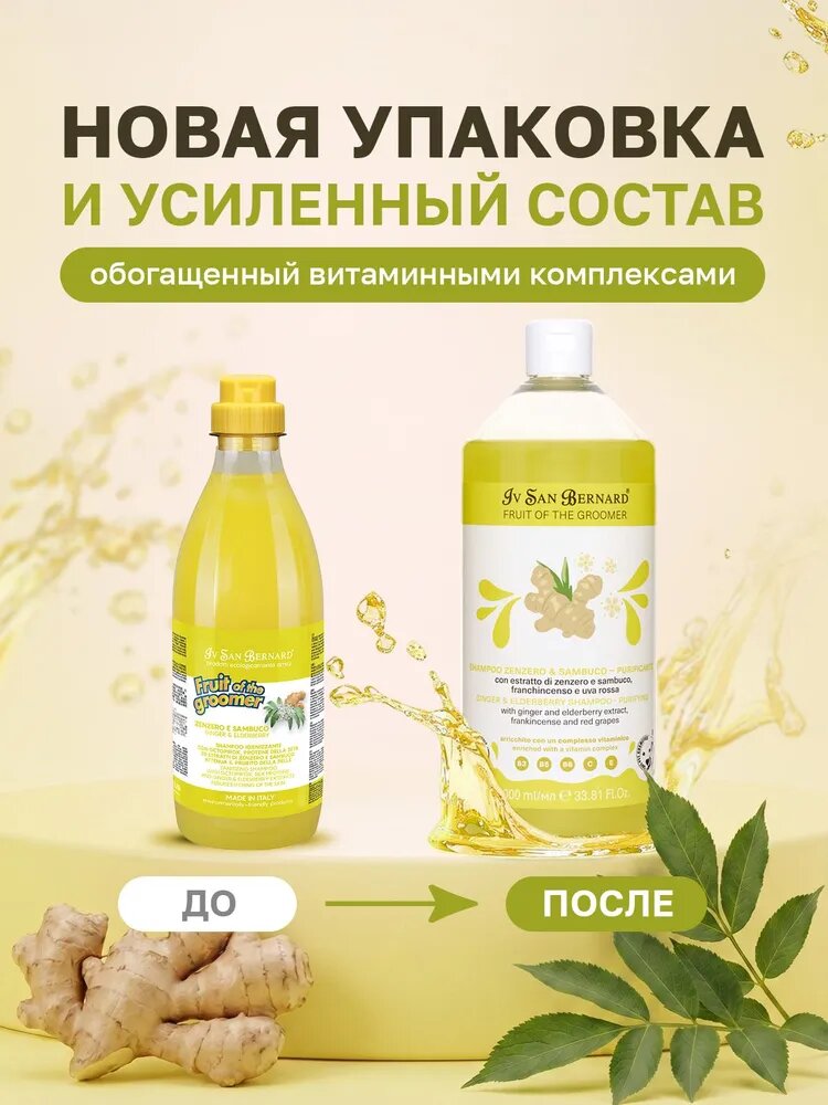 Шампунь для животных Iv San Bernard Fruit of the Grommer Ginger+Elderbery для любого типа шерсти против раздражений и перхоти, 1л